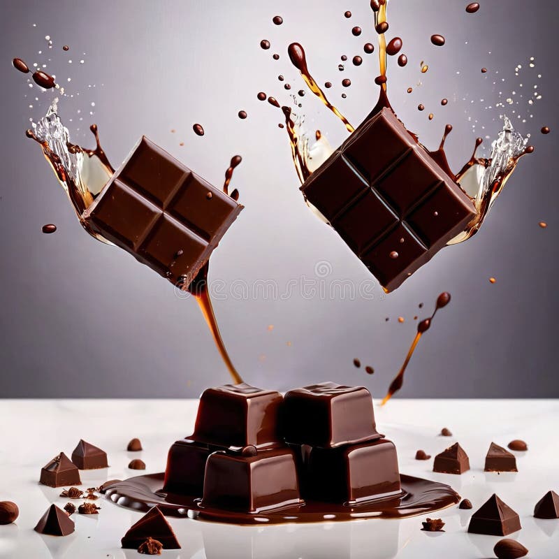 Chunks of Luxury Dark Chocolate, with Dynamic Melted Splash Effect ...
