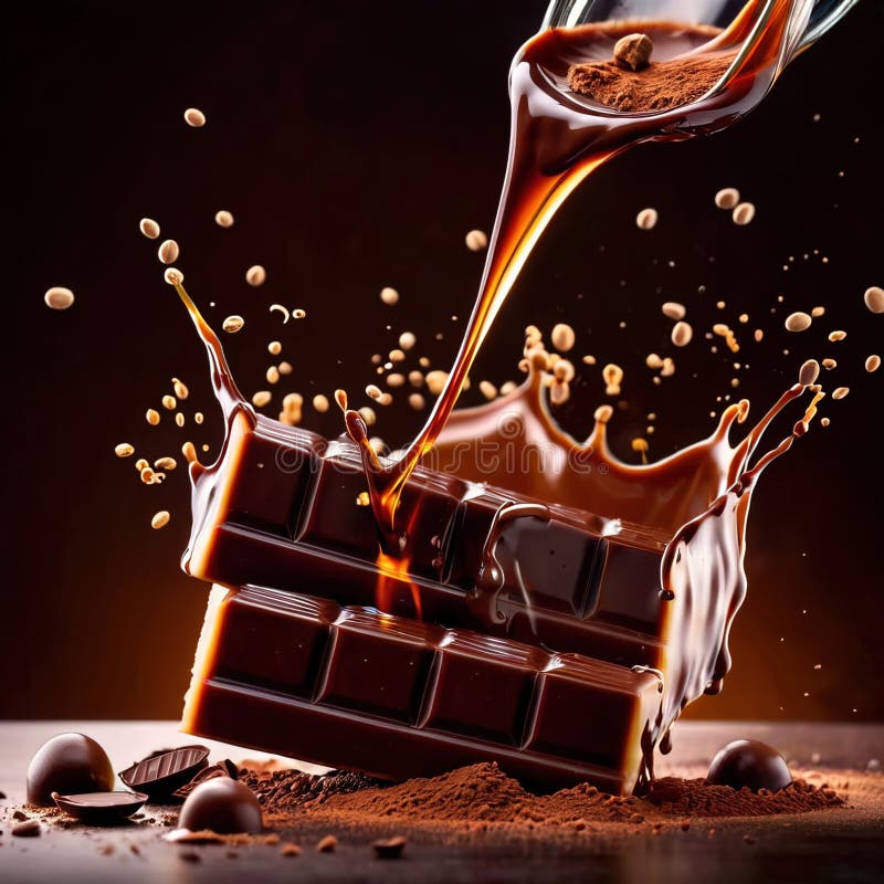 Chunks of Luxury Dark Chocolate, with Dynamic Melted Splash Effect ...