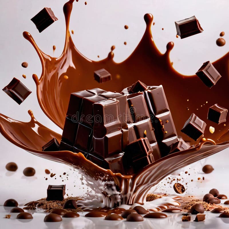 Chunks of Luxury Dark Chocolate, with Dynamic Melted Splash Effect ...
