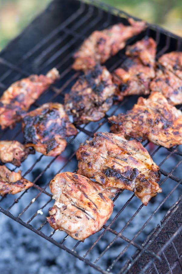 Chunks of Meat on Grill Fire Stock Photo - Image of background, grilled ...