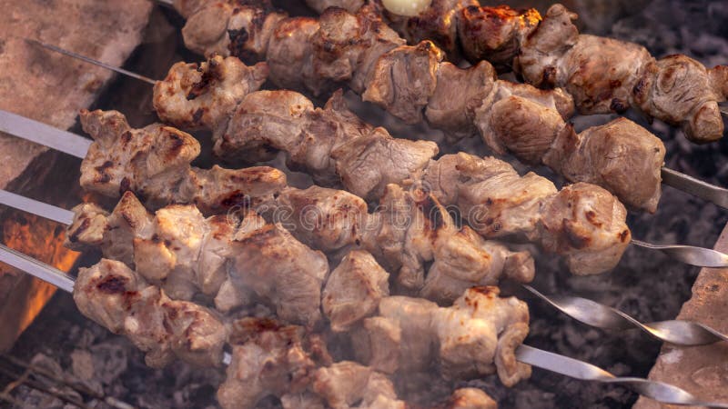 Chunks of Meat in Skewers. Skewers on Charcoal. Meat Cooked on a Fire ...