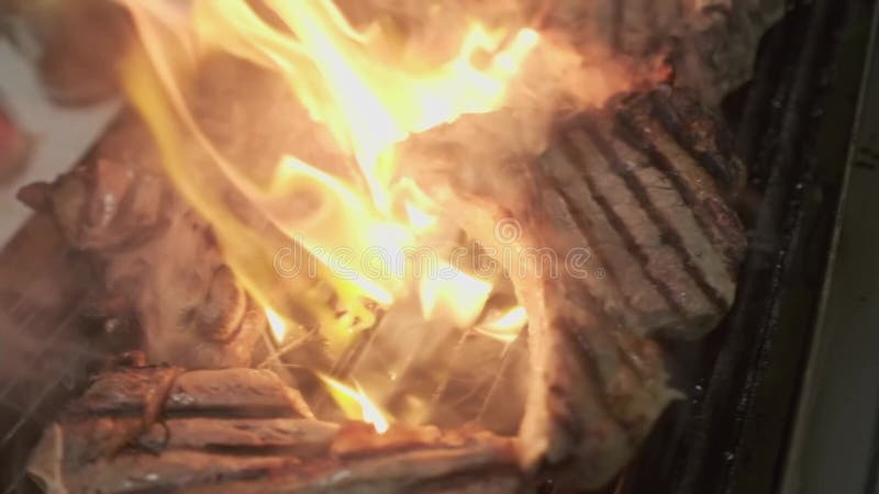 Chunks of Meat Steaks are Grilled with Fire Stock Footage - Video of ...