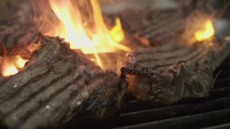 Chunks of Meat Steaks are Grilled with Fire Stock Video - Video of ...