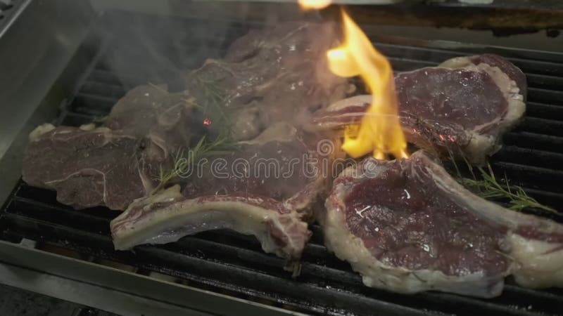 Chunks of Meat Steaks are Grilled with Fire Stock Video - Video of ...