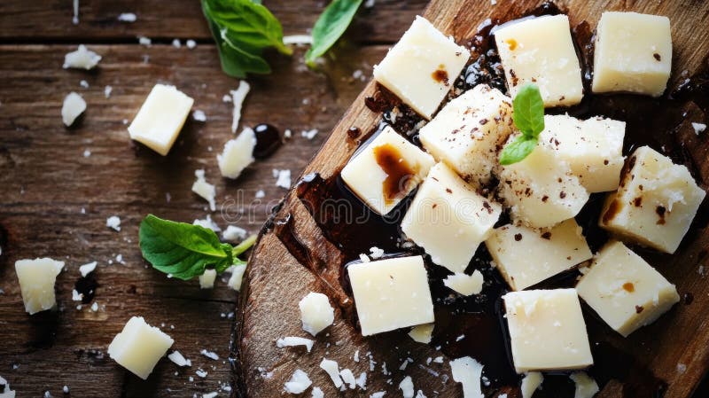 Chunks of Parmesan Cheese Styled with Balsamic Vinegar on Aged Wood ...