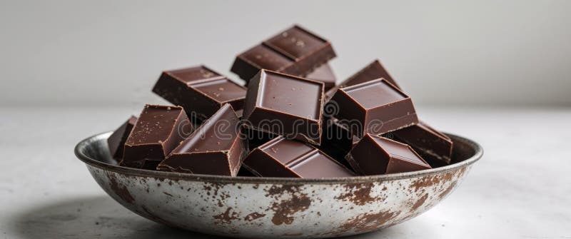 Chunks of Rich Dark Chocolate in Rustic Metal Bowl Stock Image - Image ...