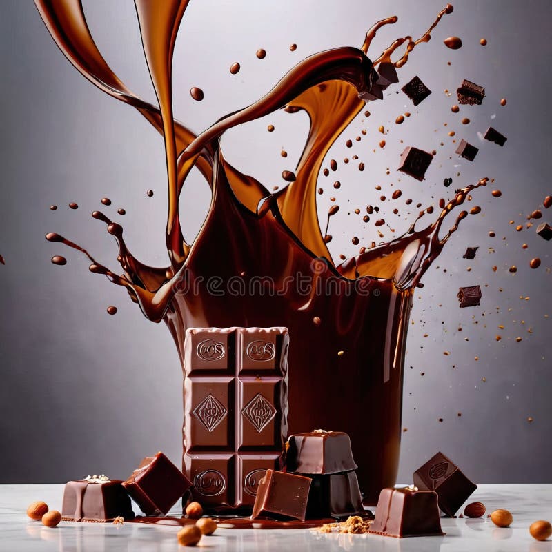 Chunks of Luxury Dark Chocolate, with Dynamic Melted Splash Effect ...