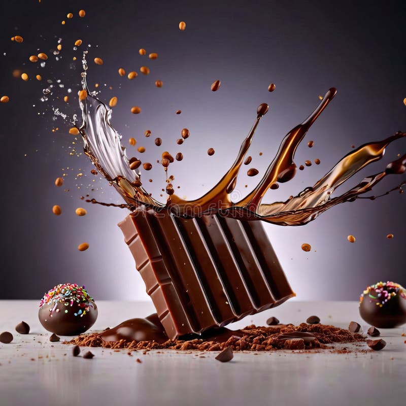 Chunks of Luxury Dark Chocolate, with Dynamic Melted Splash Effect ...