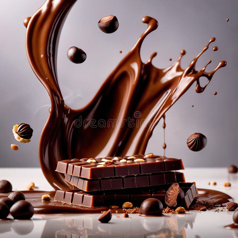 Chunks of Luxury Dark Chocolate, with Dynamic Melted Splash Effect ...