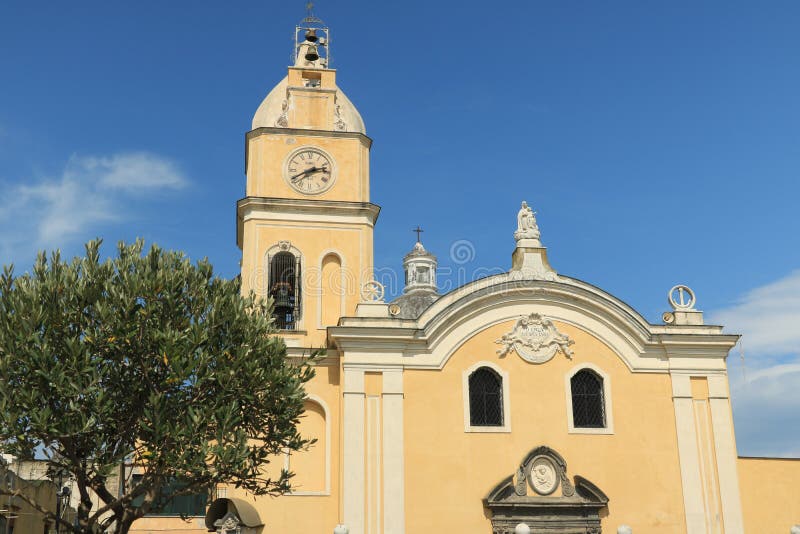 Church with Bell Tower in Procida. Blue Sky with Clouds Stock Photo ...