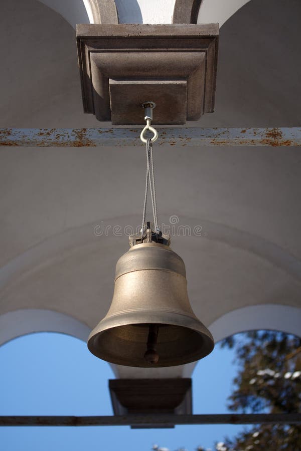 Brass bell hanging outside stock image. Image of chapel - 112573135