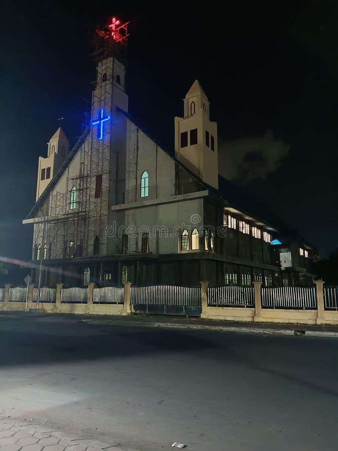 A Church Building Still Under Construction Photographed at Night Stock ...