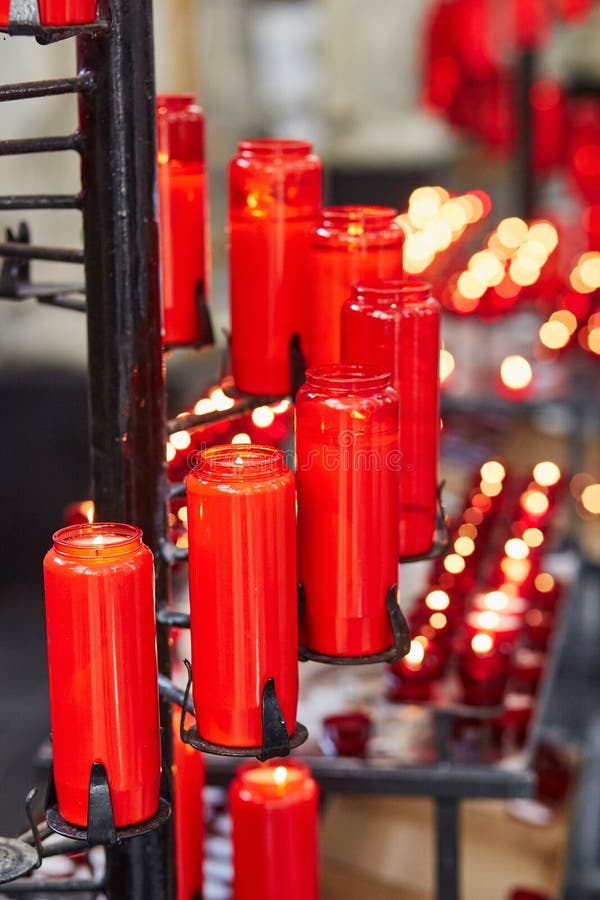 Church Candles in Red Chandeliers Stock Image - Image of night ...