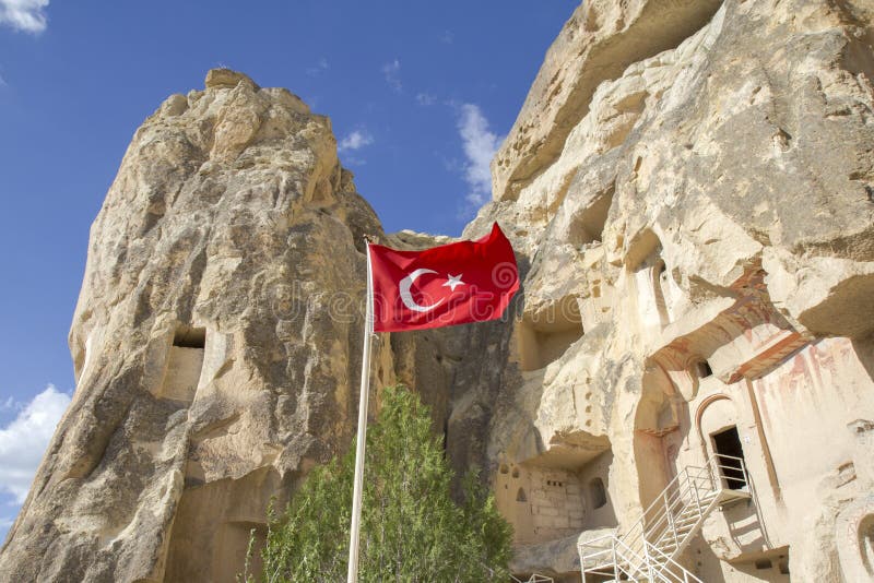 Church in Cappadocia with Turkish Flag, Turkey Stock Image - Image of ...
