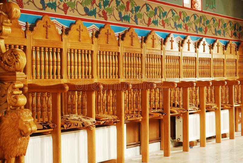 Old church chairs in rows stock image. Image of hall - 60457983