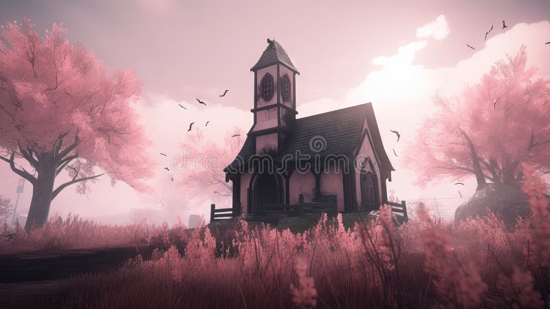 A Church with a Clock Tower Surrounded by Trees and Grass Stock ...