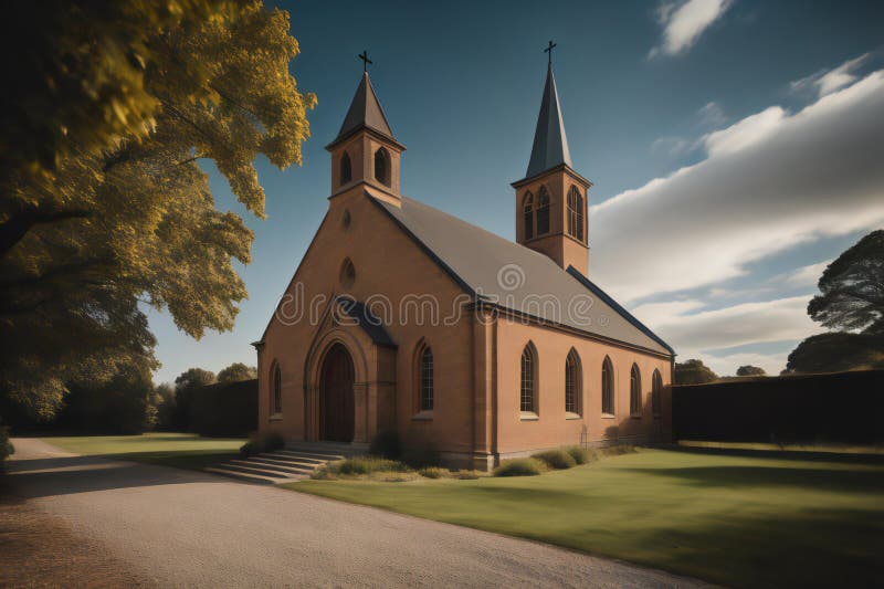 Church in the Countryside with Trees and Meadow in the Background ...