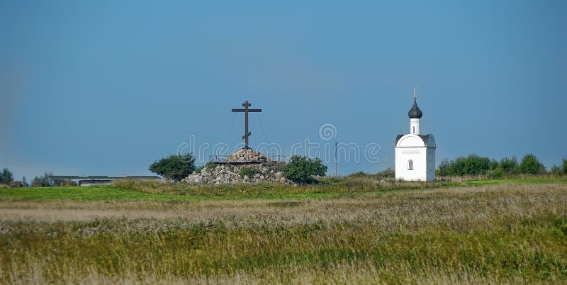 Church and Cross in the Open Field Stock Image - Image of colorful ...