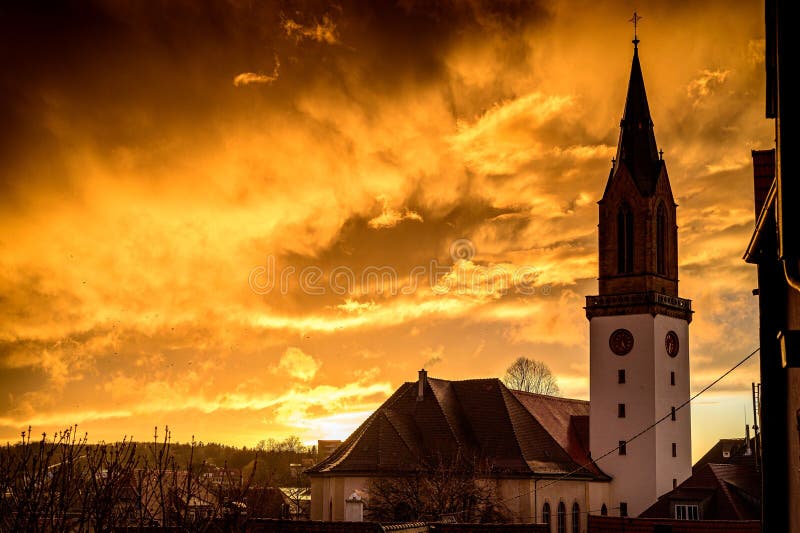 The Church and the Fiery Sky Stock Image - Image of landscape, outdoor ...