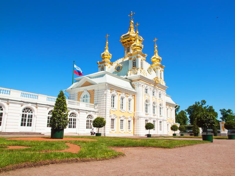Church of Grand Palace in Peterhof, Russia Stock Photo - Image of blue ...