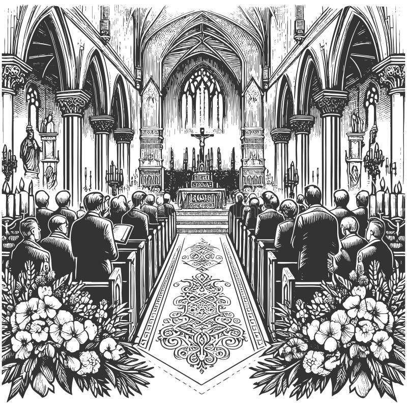 Church Interior with Congregation Engraving Vector Stock Vector ...
