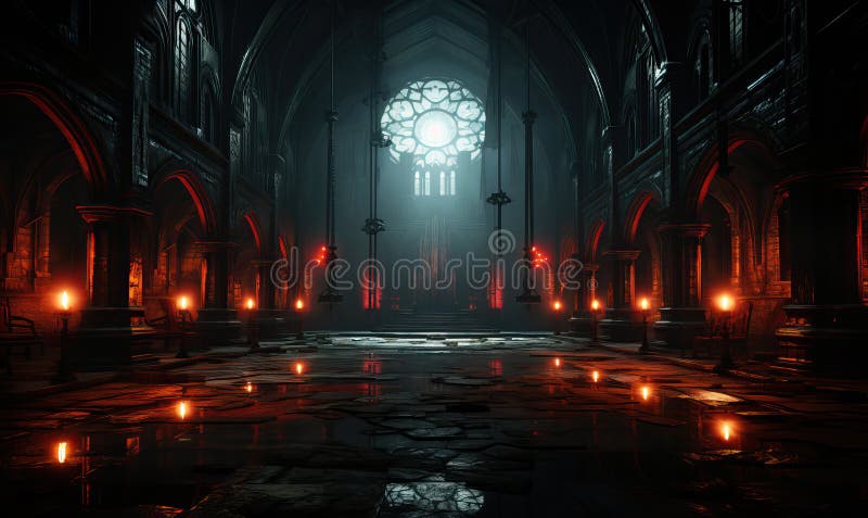 Dimly Lit Church with Floor Candles. Generative AI Stock Image - Image ...