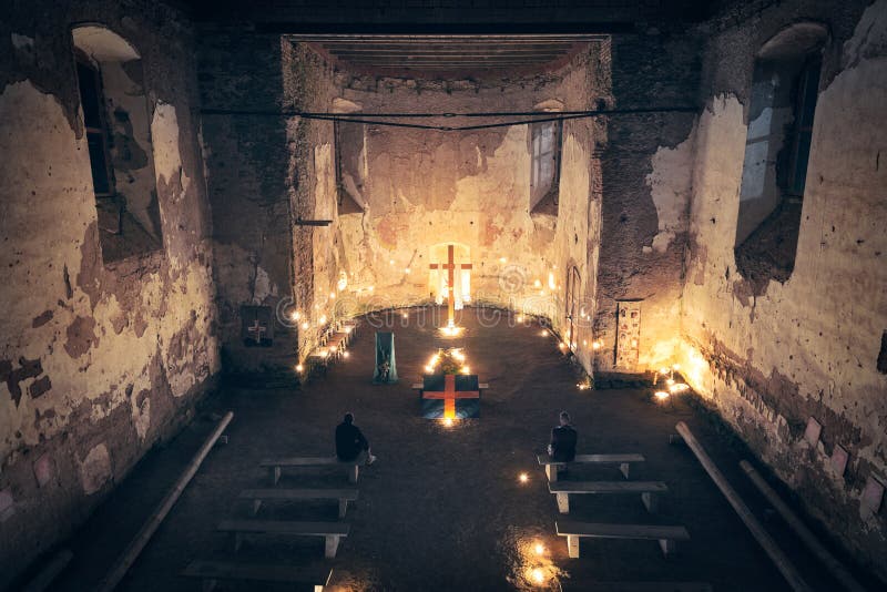 Church Interior in the Night with Burning Candles Editorial Stock Image ...