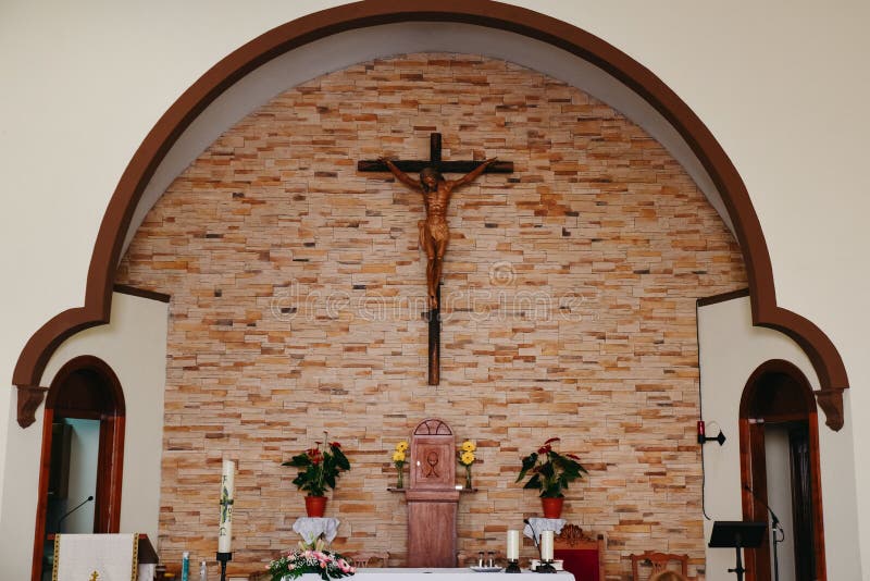 Church Interior with Plants and a Crucifix on a Wall Editorial Photo ...