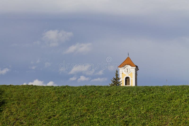 Church on a meadow stock photo. Image of clock, grey - 51097896