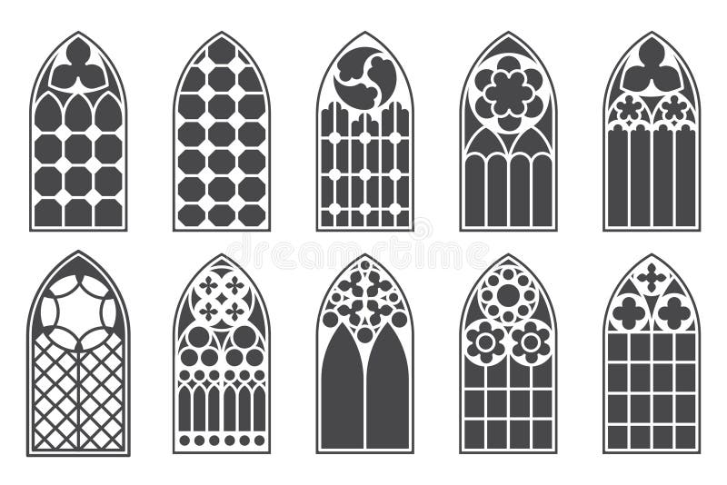 Church Windows Set. Silhouettes of Gothic Arches in Line and Glyph ... Church Windows Set. Silhouettes of Gothic Arches in Line and Glyph ...