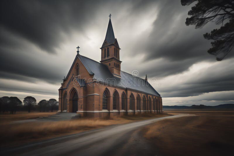Church in the Middle of a Rural Road with Dramatic Sky and Clouds. Ai ...
