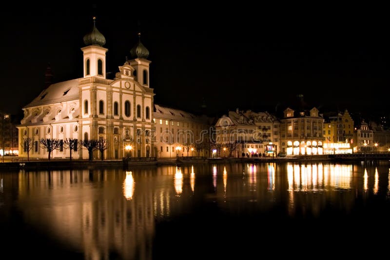 Church at Night stock image. Image of reflection, lake - 561097