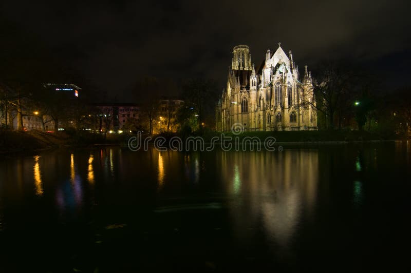 Church at night stock image. Image of night, water, tower - 7291715