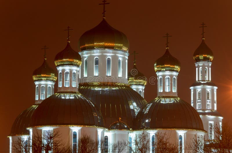 Church in the Night City. Glitter Gilded Domes Stock Photo - Image of ...