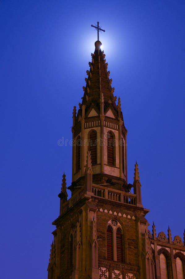 Church in the Night with Full Moon Stock Image - Image of cross, moon ...