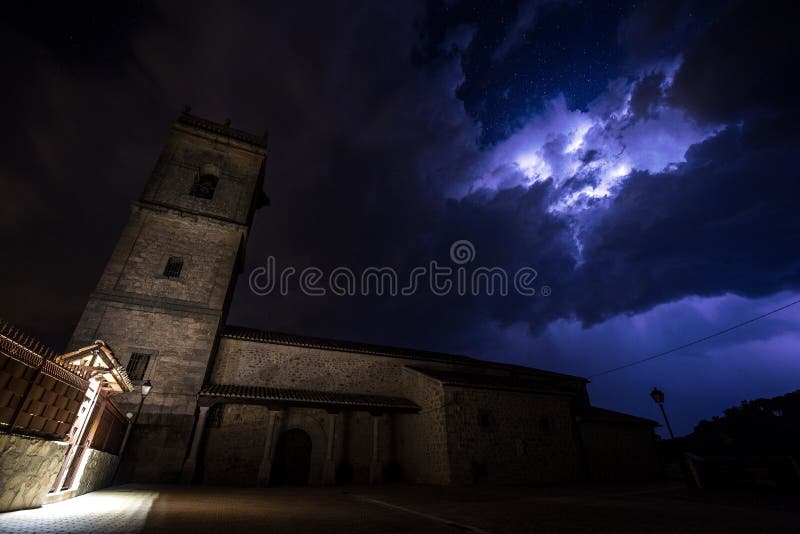 Church at Night in a Storm with Lightning through the Clouds Stock ...