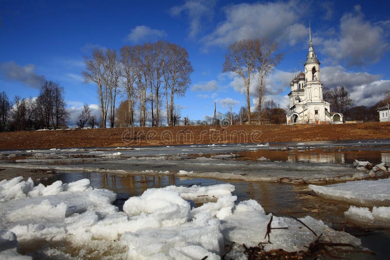 Church in River Shore in Spring Time Stock Image - Image of monastery ...
