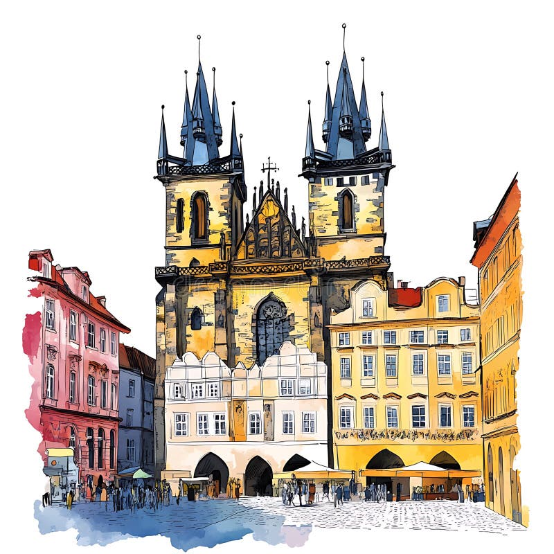 Church Square Watercolor Painting Stock Illustration - Illustration of ...