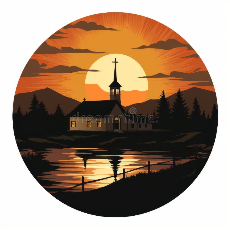 A Church at Sunset with a Lake and Mountains in the Background Stock ...