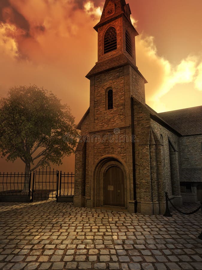 Church in sunset light stock illustration. Illustration of sunset ...