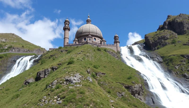 A Church on Top of a Mountain with a Waterfall Generated Stock ...