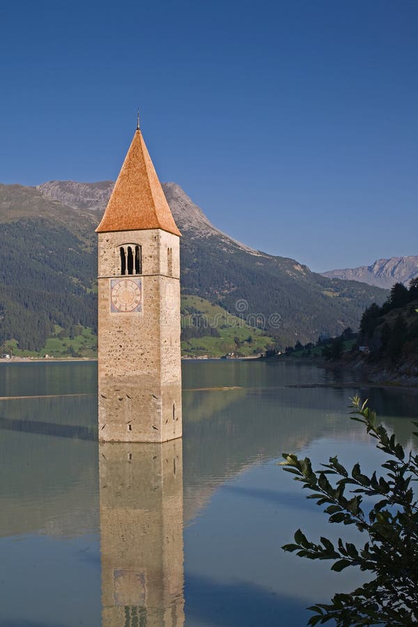 Church Tower at Lake Reschen Stock Photo - Image of mountain, tyrol ...