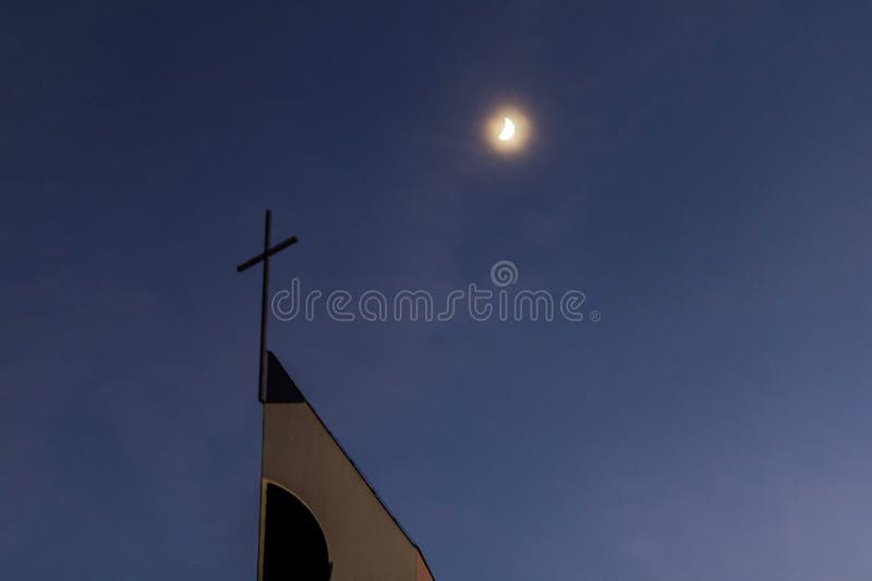 Church Tower and Moon.Night Stock Photo - Image of wind, reflection ...