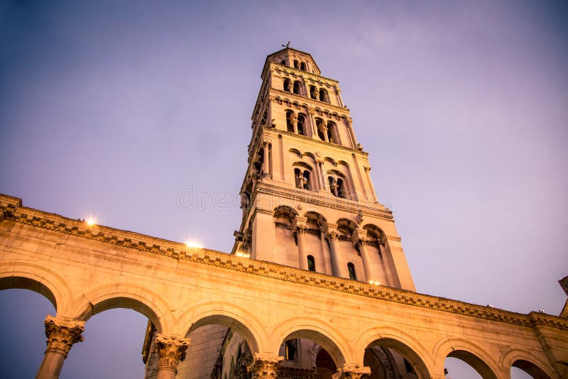 Tower at night in Split stock photo. Image of landmark - 206143908