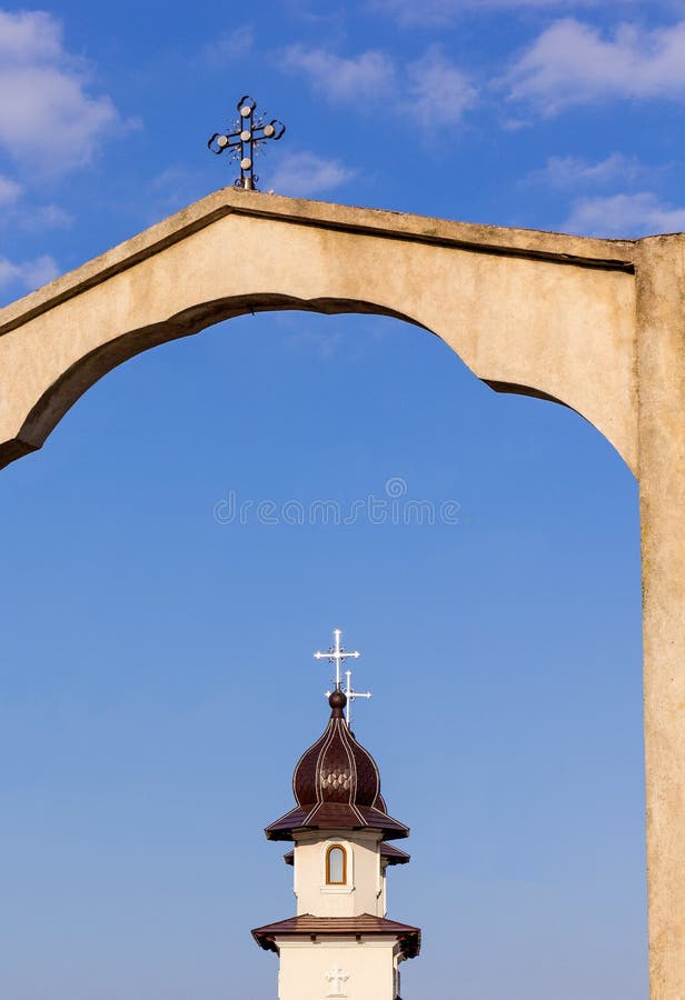 Church Tower Seen through the Arch Gate Stock Image - Image of history ...