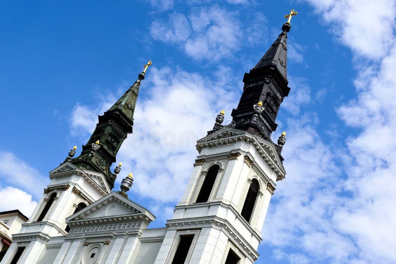Church Towers in Perspective Elevation View in Budapest. Blue Sky and ...