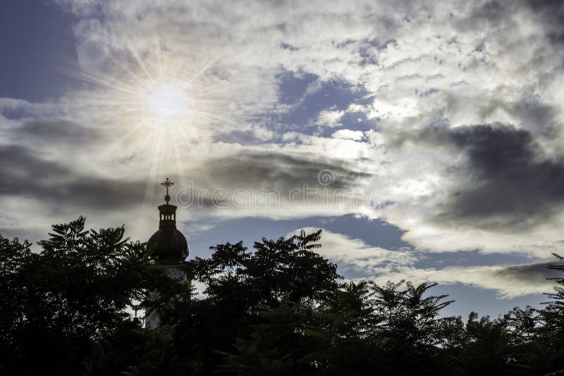 Church and Trees Silhouettes with Sun Rays. Stock Image - Image of ...