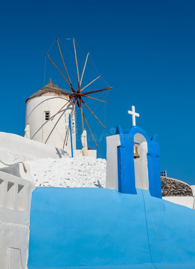Church and Windmill in Oia - Santorini Stock Photo - Image of santorini ...