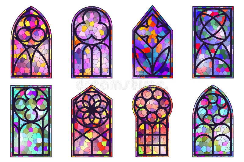 Church Windows with Stained Glass Arches. Cathedral Frames with Colored ...
