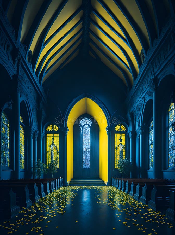 A Church with a Yellow Light Coming through the Windows Created with ...